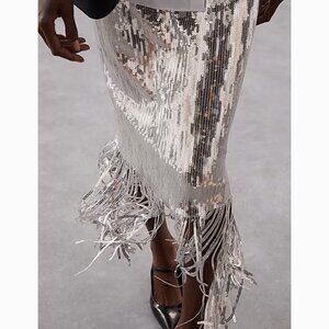 H&M | Skirts | Showstopper92s Flapper Style Silver Sequin Fringe Pencil ...